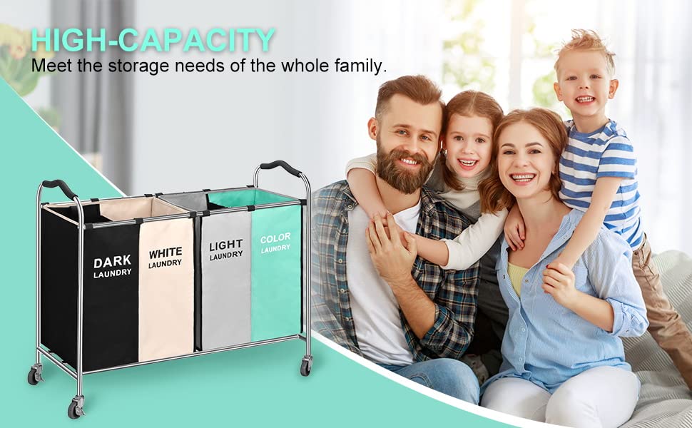 320L Laundry Basket Sorter, 4 Section Laundry Hamper Bag Closet Storage Organizer for Dirty Clothes in Laundry Room Bedroom Storage Organization (4-Section GREEN)