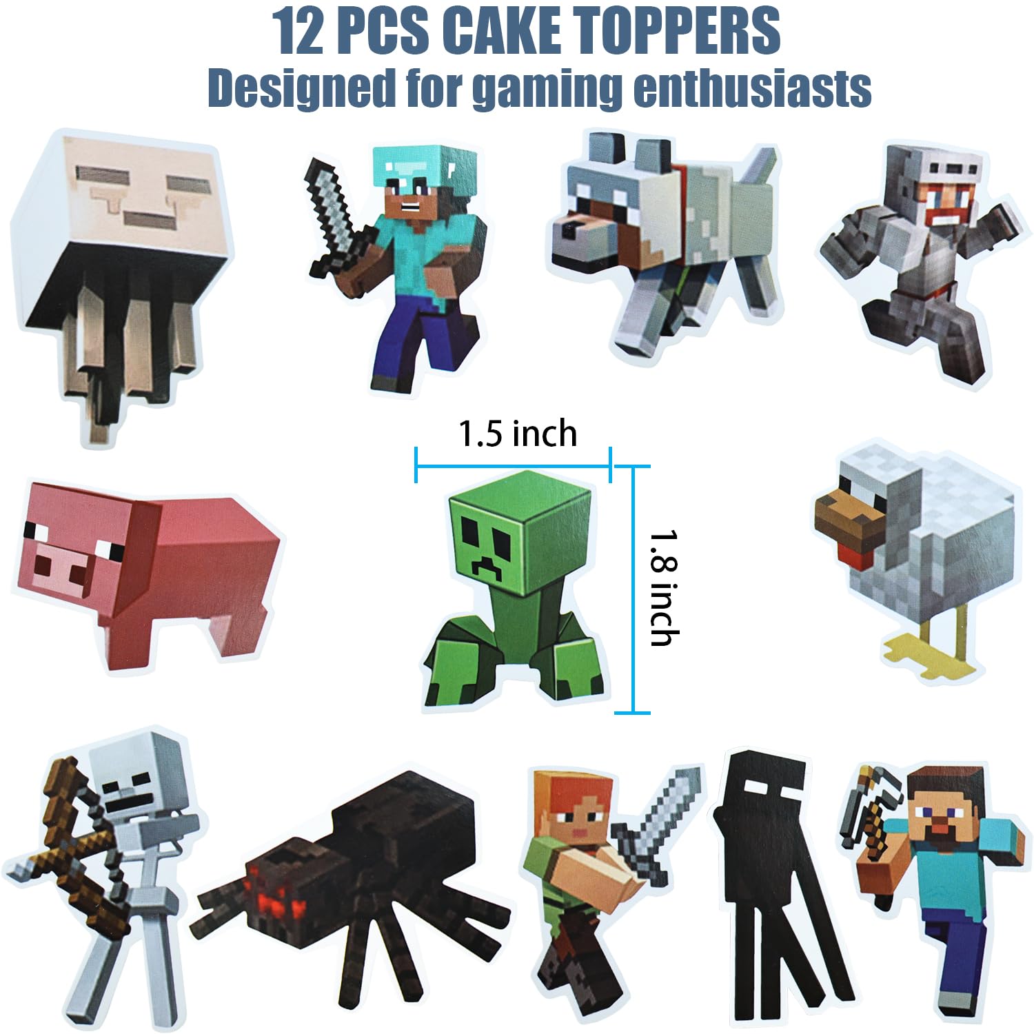 12 pcs Pixel Style Cake Toppers for Miner Party Cake Decorations, MC Game Lovers' Birthday Cupcake Toppers, Designed for Game Lovers, Game Party Decorations Supplies