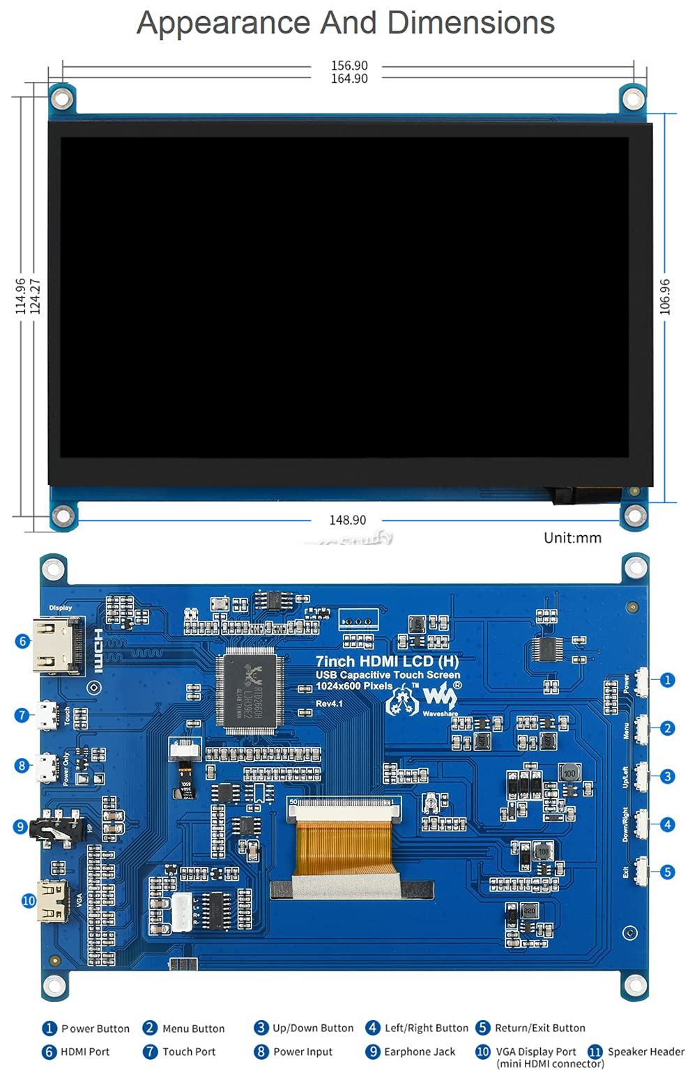 7inch HDMI LCD (H) 1024x600 IPS Capacitive Touch Screen LCD Display Monitor Mini PC for Raspberry Pi 5 4 3 Model B B+ BB Black Banana Pi Game Console Support Xbox360/PS4/Switch @XYGStudy