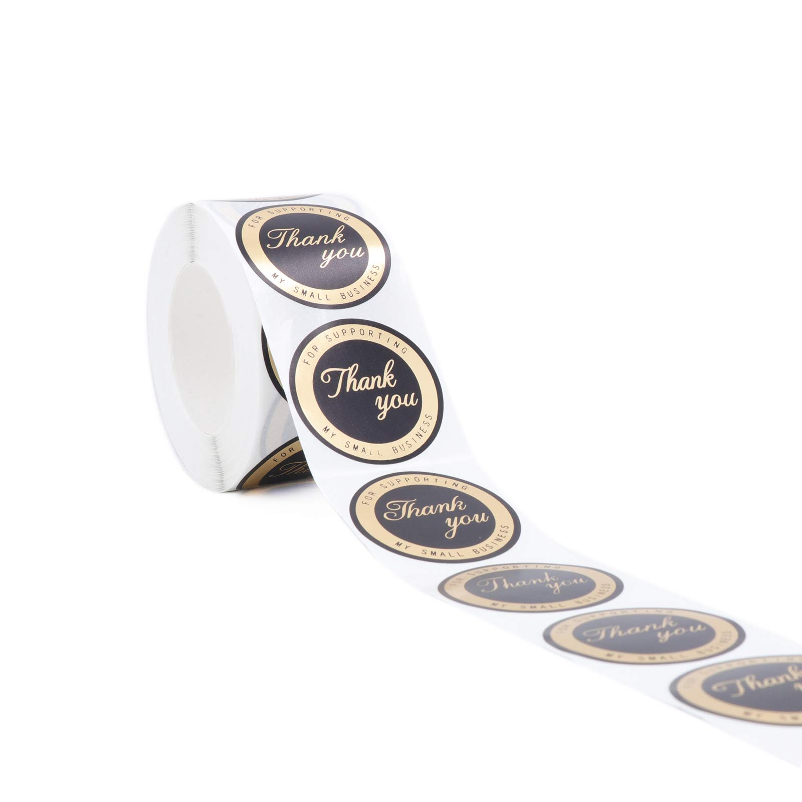 Mercei Thank You Stickers with Black Background and Wide Matte Gold-foil Ring; 4 Elegant Handwriting Font Designs; 500 pcs Classic Round Adhesive Labels per Roll; Wide for Personal and Business Use