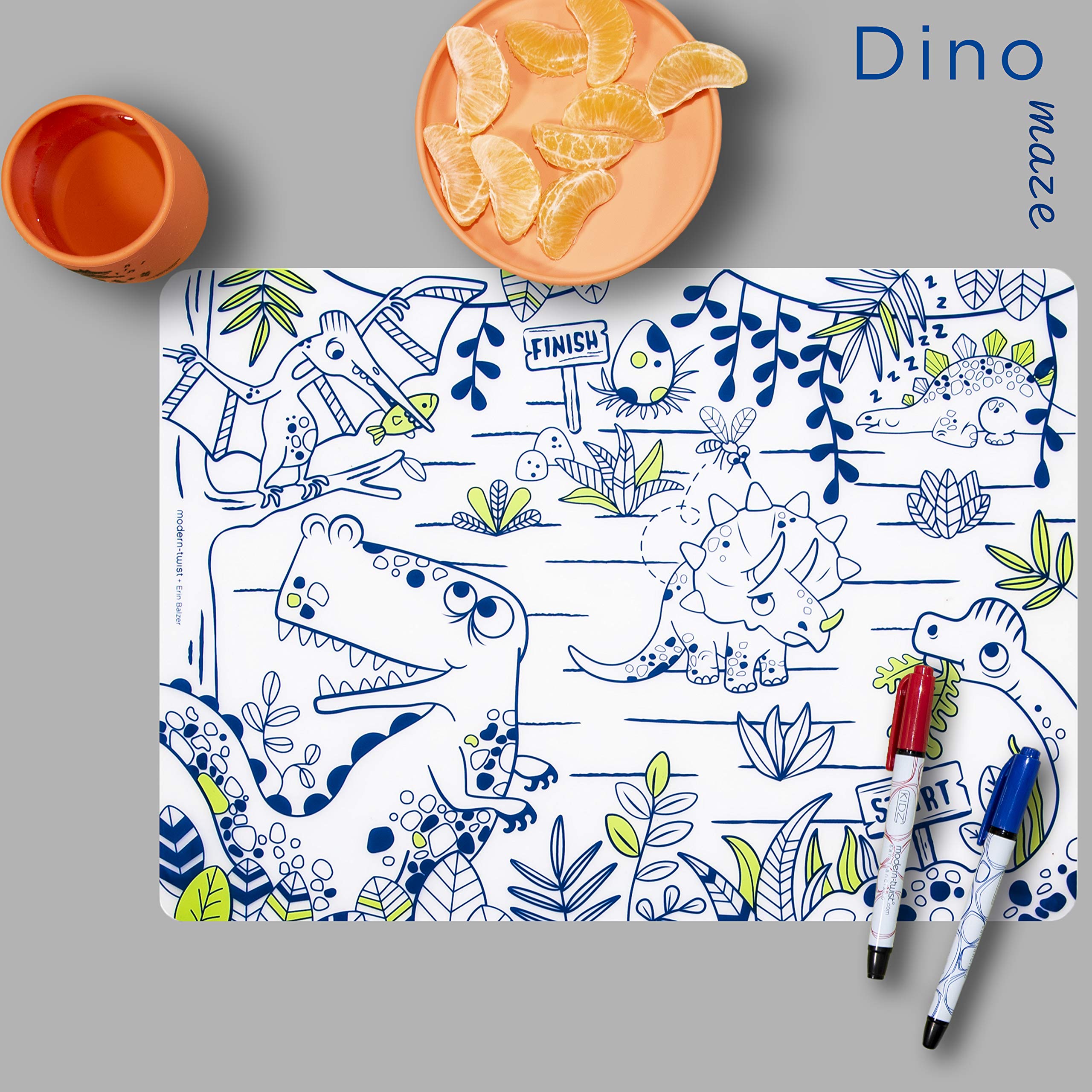 modern-twist 10 x 14" Reusable, Waterproof Coloring Mark-Mat Sheet for Kids, 100% Food-Grade Silicone, Pack of 1, Dino Maze