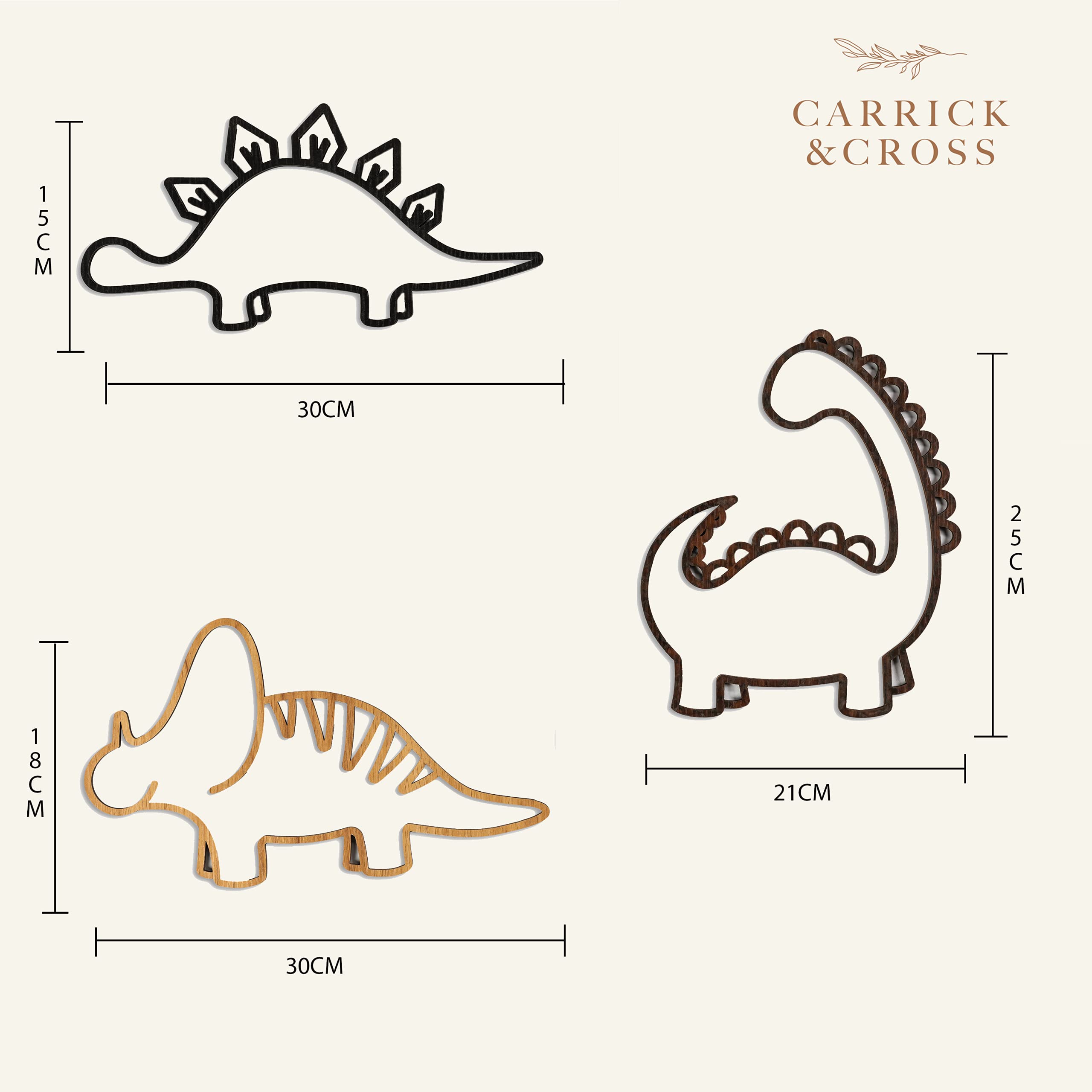 Carrick & Cross – Dinosaur Wall Decor, Wooden Wall Decals – Featuring, Black Oak Stegosaurus, Oak Triceratops & Walnut Brachiosaurus - Dino Wall Art, Perfect in any themed Room; Nursery or Bathroom