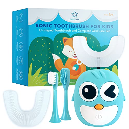 OKKOSTAR Electric Auto Toothbrush Kids U Shaped Toothbrush Set with 4 Brush Heads, BPA Free CPSIA Compliant, Kids 360 Toothbrush, Auto Brushes for Teeth Kids, Age 3-12