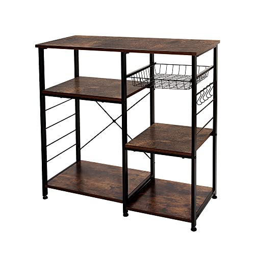 AZL1 Life Concept Industrial Kitchen Rack, Coffee Bar, Microwave Stand Metal Frame, Wire Basket 5 Hooks Mini Oven, Spices Utensils, Simple Assembly, 35.4inch, Rustic Brown