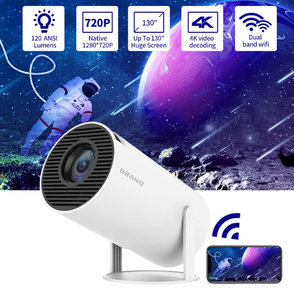 180 Degree Rotatable Freestyless FHD HDR Smart Portable Projector for Indoor and Outdoor Home Theater, Low Noise,Automatic Focusing,Big Screen Experience