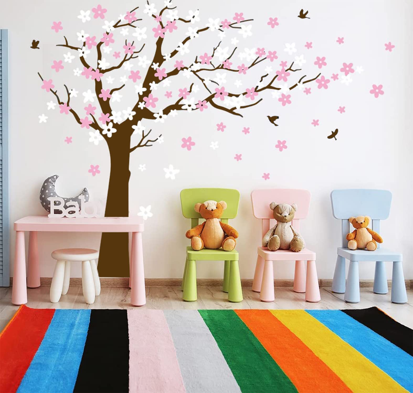 AIYANG Large Cherry Tree Wall Decals White Pink Cherry Blossom Flower Tree Branch Wall Stickers Baby Nursery Bedroom Living Room Decoration (Brown)