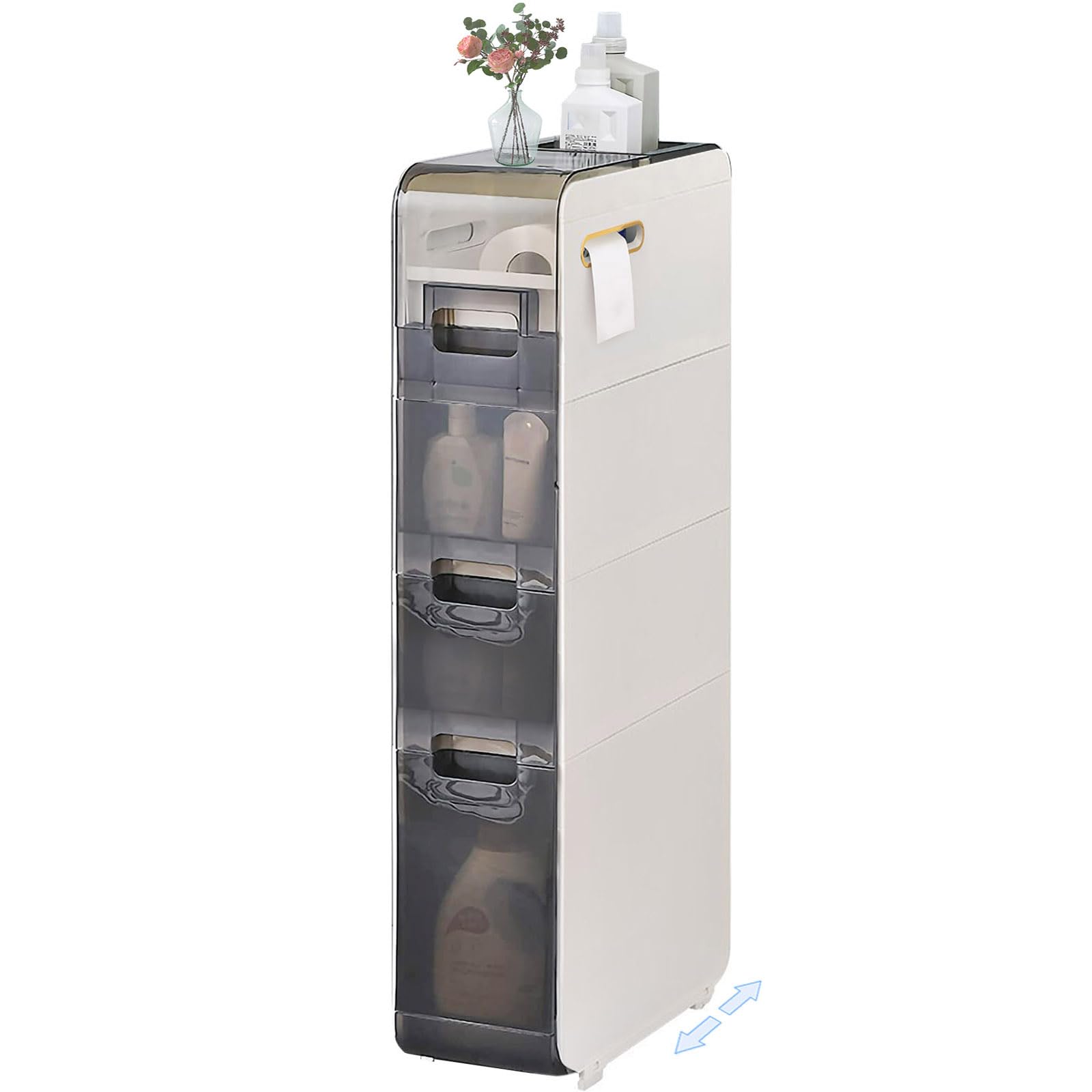 4-Tiers Bathroom Floor Storage Cabinet Narrow Slim Tall Movable Towel Organizer Side Freestanding Rolling Unit with Clear Drawers for Small Space Laundry Living Room Gap