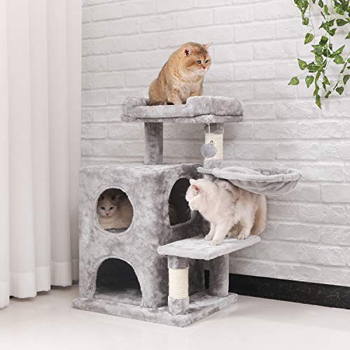 BEWISHOME Cat Tree Condo with Sisal Scratching Posts, Plush Perch, Dual Houses and Basket, Cat Tower Furniture Kitty Activity Center Kitten Play House, Light Grey MMJ06L