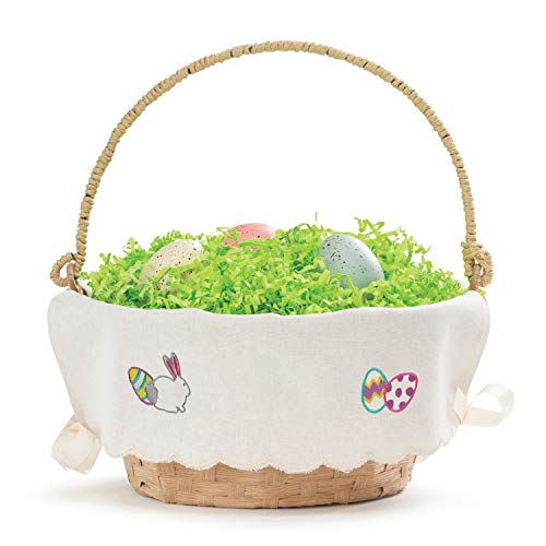 Bunny and Eggs Personalized Easter Egg Basket with Handle and Custom Name | Scallop Edge Linen Easter Basket Liners | Tan Basket | Woven Easter Baskets for Kids | Customized Easter Basket