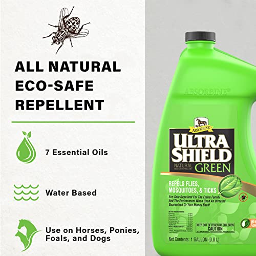 Absorbine UltraShield Green All-Natural Fly Spray for Horses & Dogs, Essential Botanical Oil Eco-Safe Formula Repels & Controls Ticks, Flies, Mosquitoes, Gnats, 128oz Gallon Refill