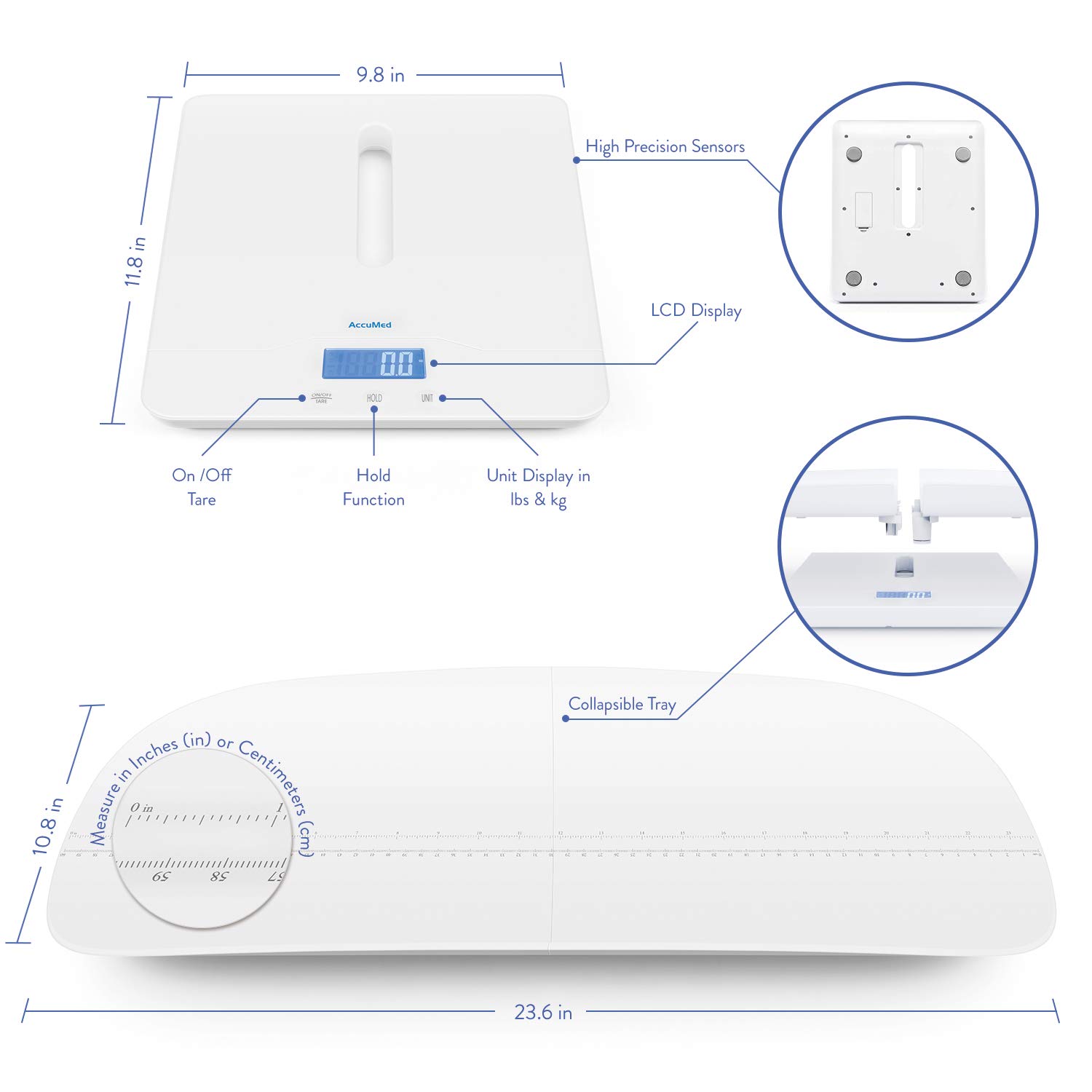 AccuMed Baby Scale, Pet Scale, Multi-Function Toddler Scale, Digital Baby Scale, Blue Backlight, Weight and Height Track