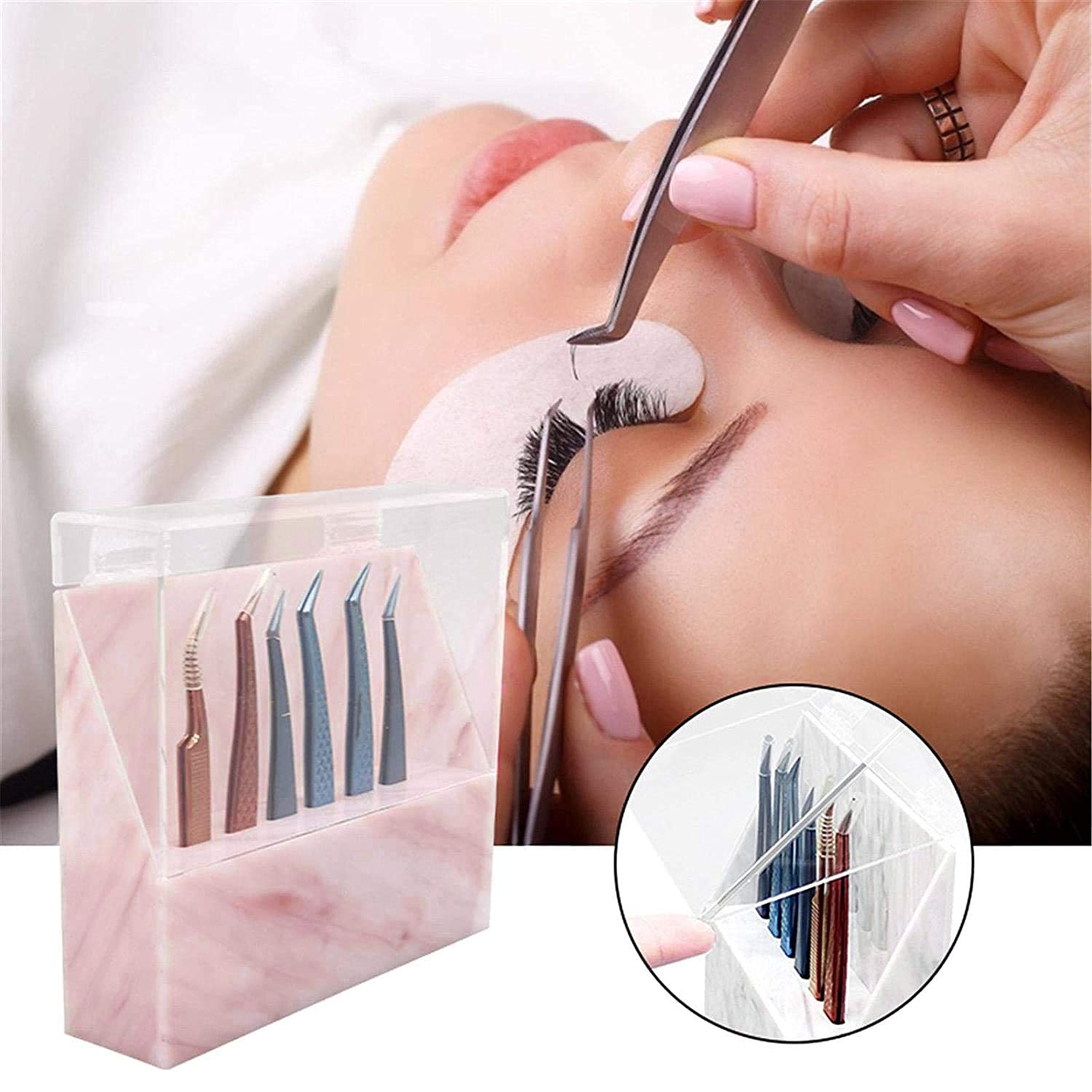 Dust-proof Eyelash Tweezers Holder with Cover, Acrylic MarbleTweezer Organizer for Lash Cart (Pink)