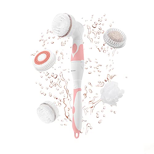 Brookstone 6 Piece Electric Body Bath Brush | Long Handled Body Scrubber and Facial Cleansing Brush | Battery Powered Shower Brush with 4 Spin Brush Heads
