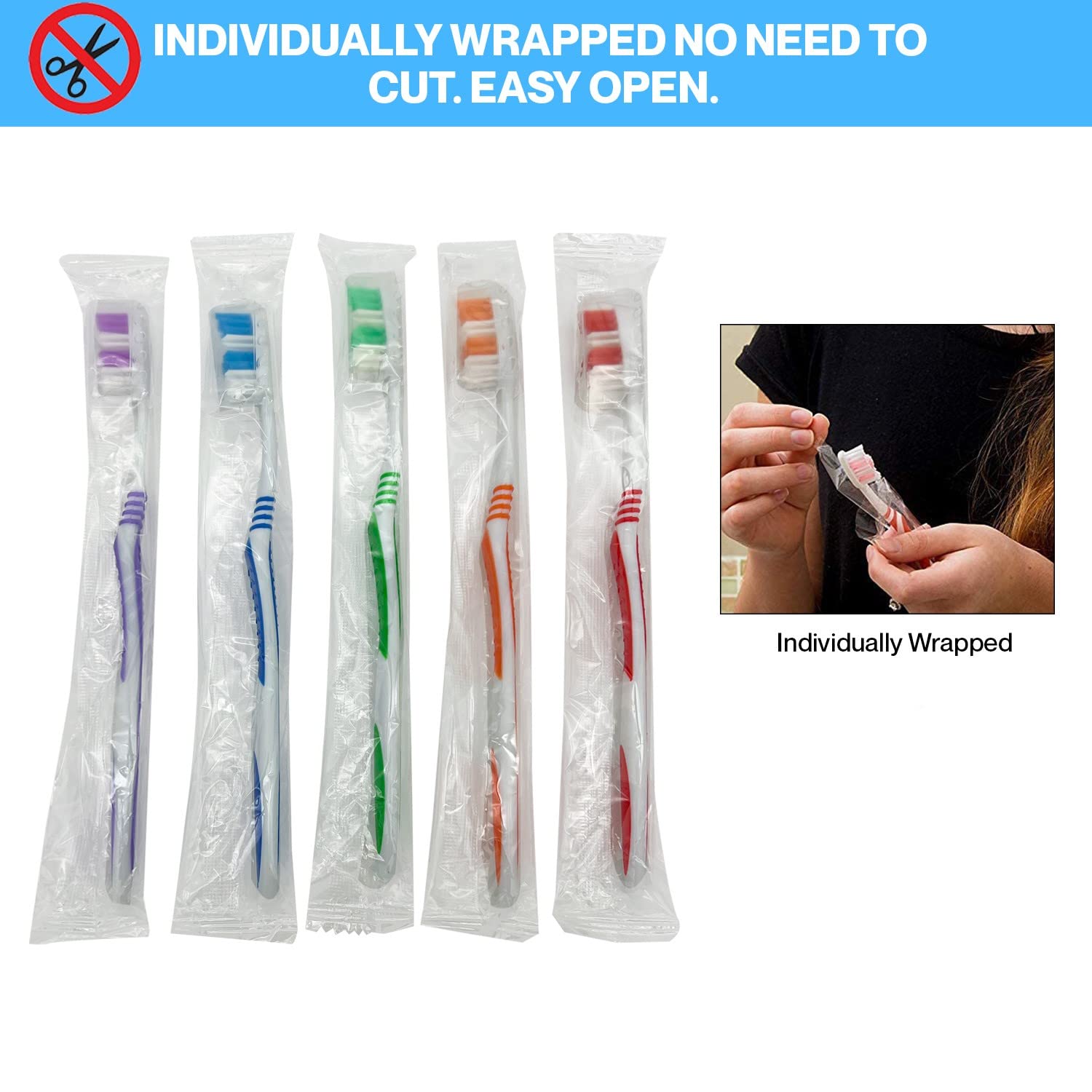 100 Bulk Toothbrushes Medium Bristle Individually Wrapped with Hygiene Cap Ergonomic Disposable Great for Home Travel Events Care Package Guests Hotels Lodging