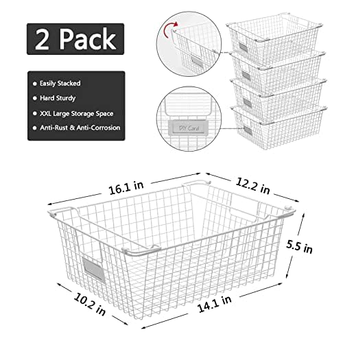 2 Pack Stackable Wire Storage Baskets With Handles,for Kitchen, Bathroom, Cabinets, Cupboards, Countertop - Freezer & Pantry Organizer Bins, for Snacks, Drinks, Potatoes, Onions, Meat XXL