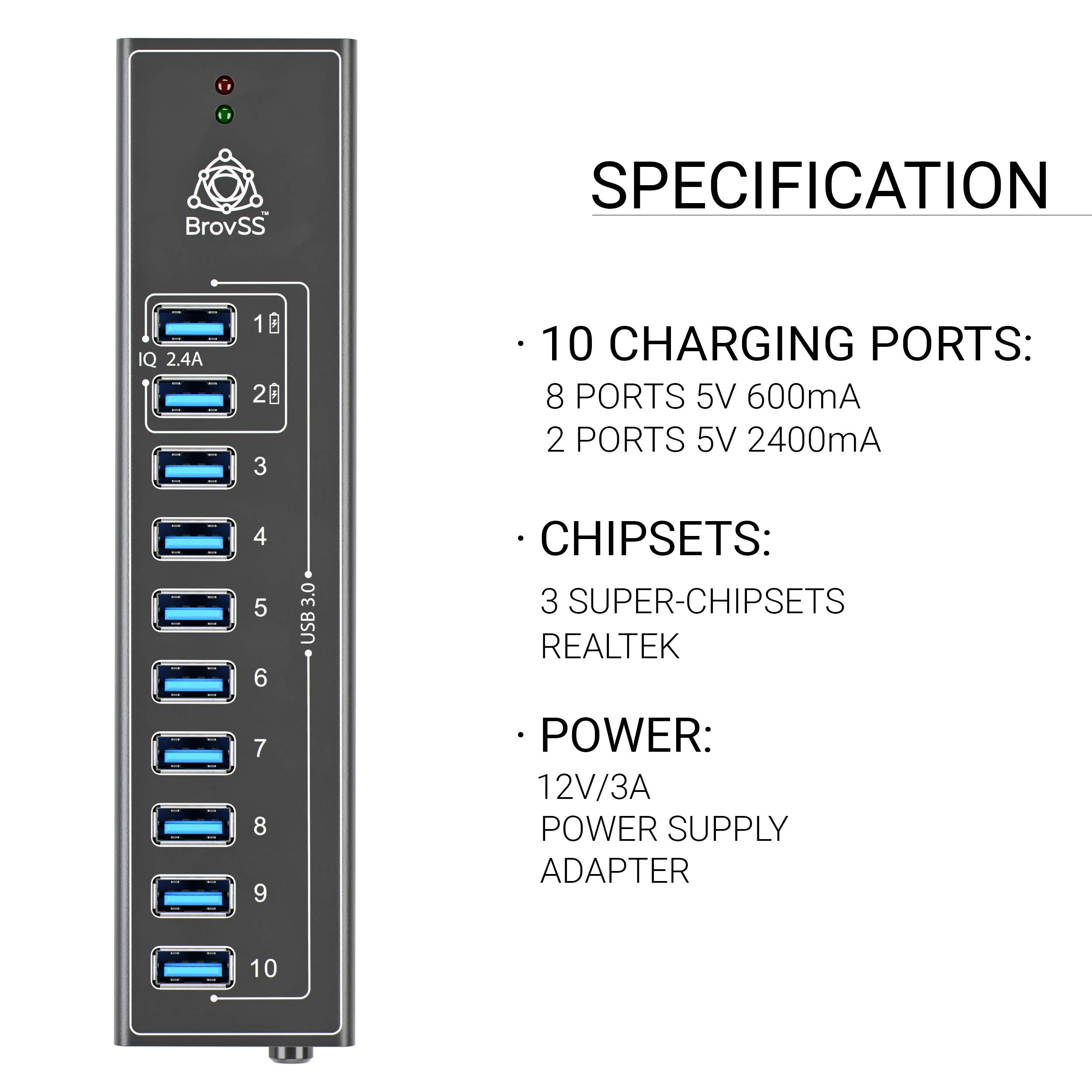 BrovSS: 10 Port Powered USB 3.0 Hub Aluminum with 4 IQ Ports - USB 3 Splitter with 12V 3A 36W Power Adapter. Connect up to 10 Electronics and USB peripherals (Black)