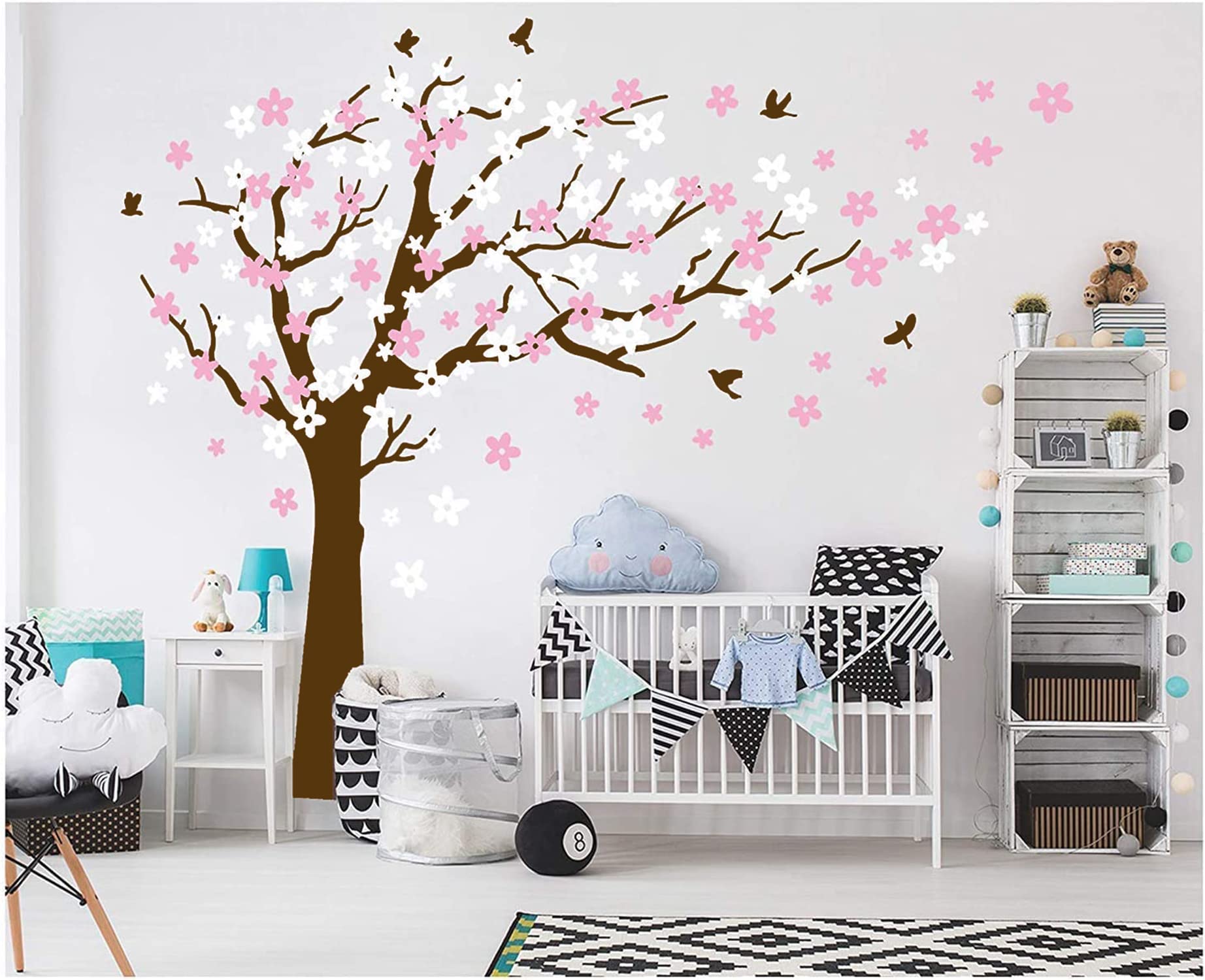 AIYANG Large Cherry Tree Wall Decals White Pink Cherry Blossom Flower Tree Branch Wall Stickers Baby Nursery Bedroom Living Room Decoration (Brown)