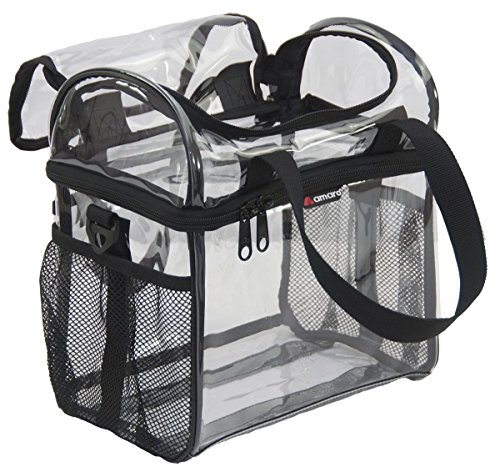 Amaro Premium 0.55mm Clear Dual Compartments Lunch Bag - Transparent Reusable Lunch Box for Adults - Ideal for Workplaces - Adjustable Shoulder Strap - Large Side Mesh Pockets
