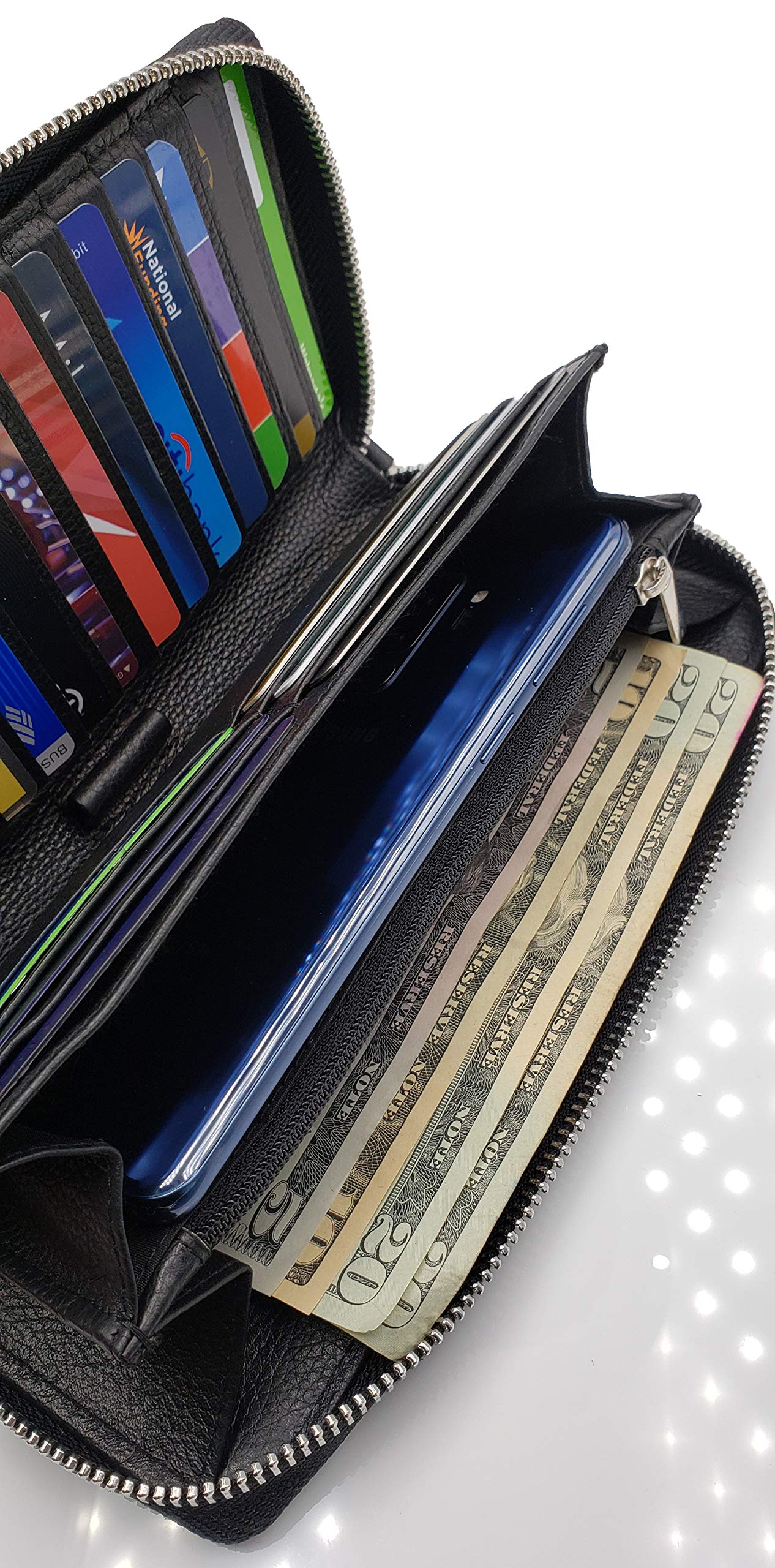 AG Wallets Women's Genuine Leather Large Capacity Wristlet with RFID Protection (Black)