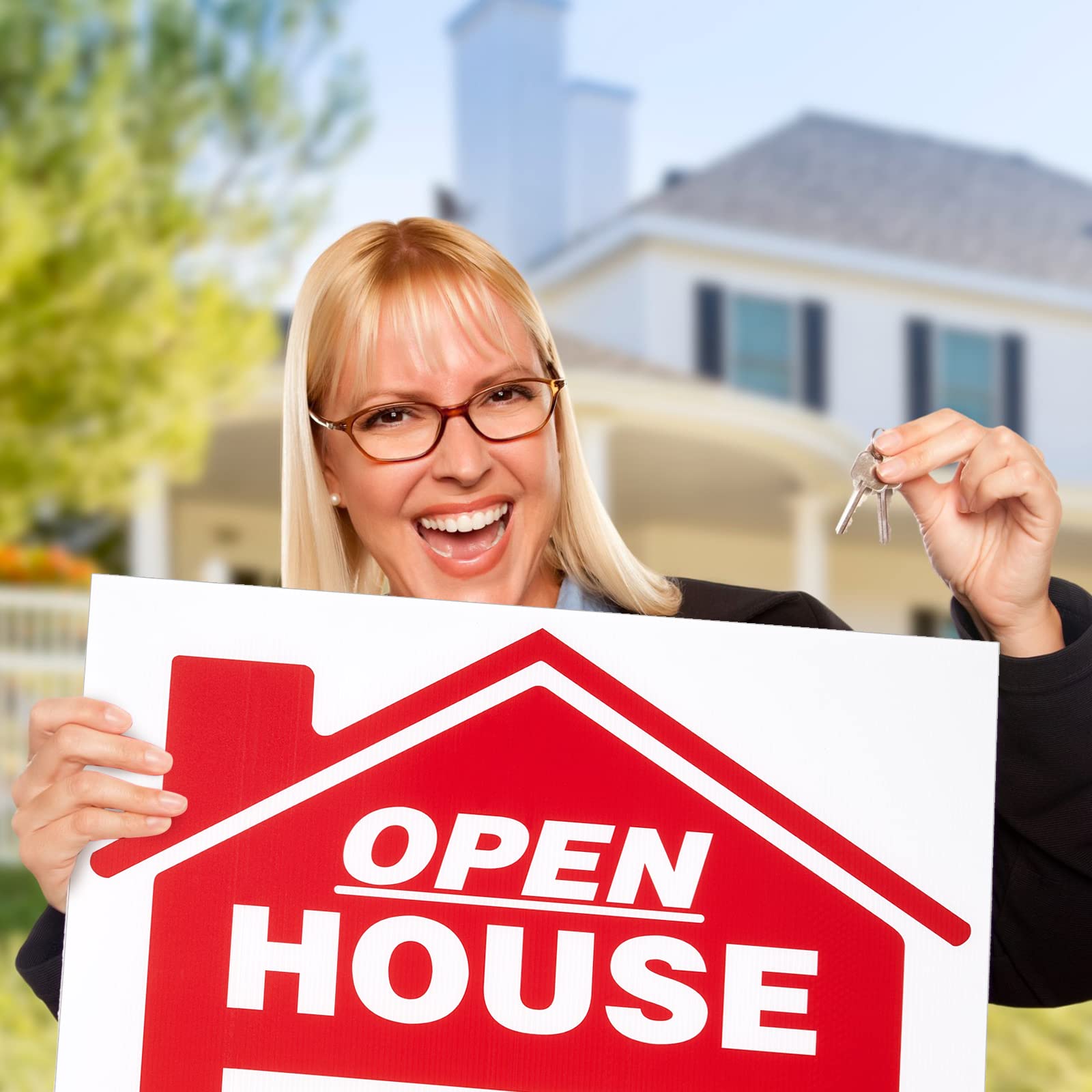 14 Pack 24 x 18 Inch Open House Sign Double Sided Real Estate Sign Posts Plastic Heavy Duty Open House Directional Open Yard Sign with Left Right Arrows 14 Pcs H Metal Stakes (Red)