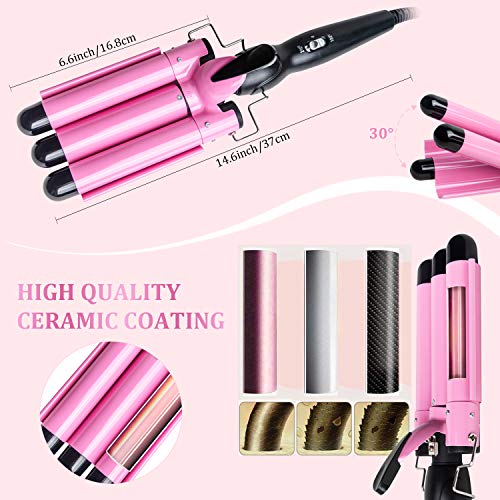 3 Barrel Curling Iron-Dual Voltage Hair Crimper,1 Inch Ceramic Tourmaline with Temperature Adjustable Hair Waver Style Tool(Pink)