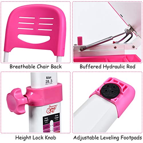 BABY JOY Kids Desk and Chair Set, Height Adjustable, Student Study Table with Storage Drawer, Bookshelf and Tilted Desktop, Children Writing Table for Studying, Reading and Drawing (Pink)