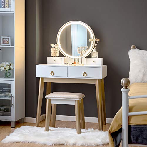 CHARMAID Vanity Set with Touch Screen Dimming Mirror, 3 Color Lighting Modes, Dressing Table with 4 Sliding Drawers, Modern Bedroom Makeup Table and Cushioned Stool Set for Women Girls (White)