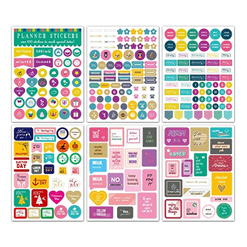 12 Sheets (650 Stickers) Planner Stickers for Notes Travel Business Trips Parties Daily Holidays Goals Encouragement Planning Notes Ideas