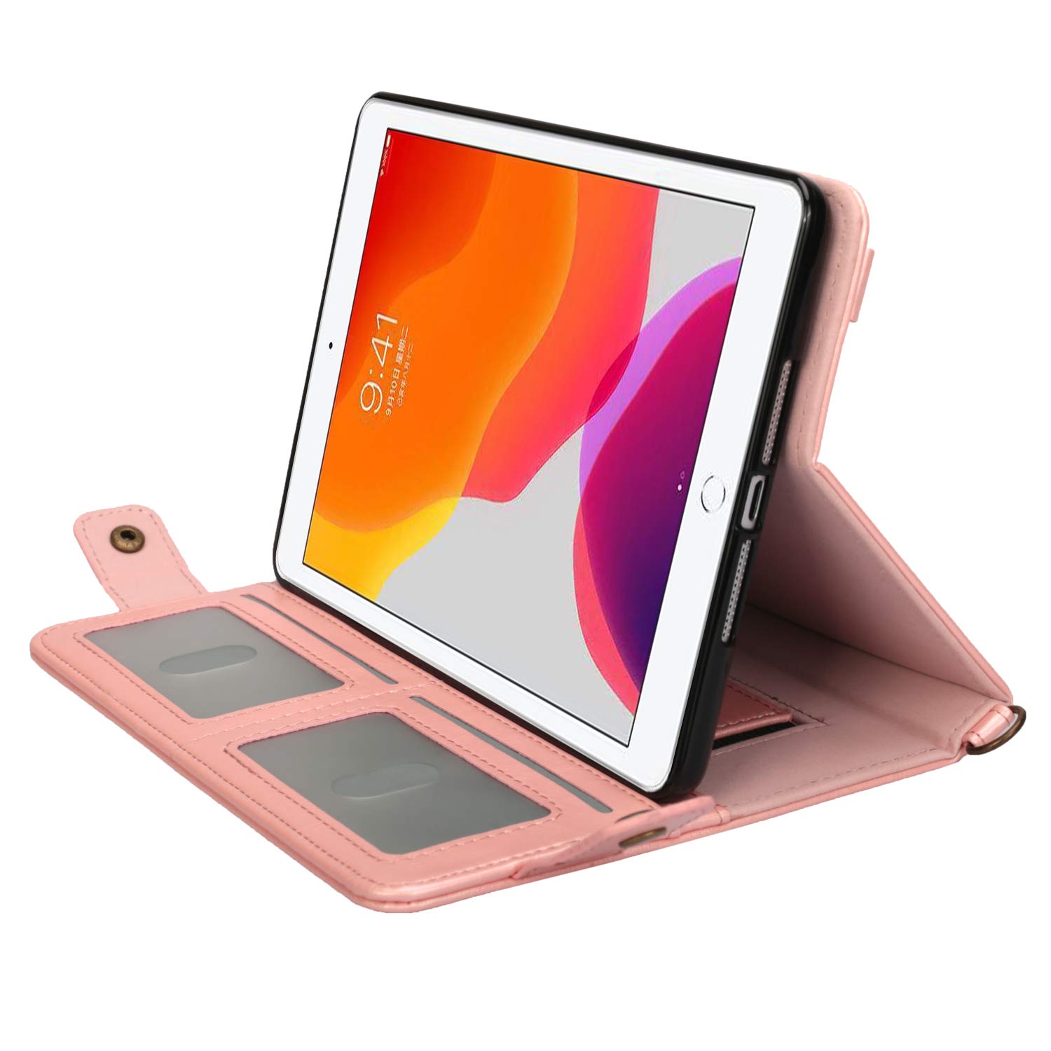 Case for 9.7-inch iPad 2018 2017 (iPad 5th/6th Generation), iPad Air/Air 2 Case, Techcircle Smart Folio Stand PU Leather Crossbody iPad Cover with Hand Strap, Card/Pencil Holder Wallet Case, Rose Gold