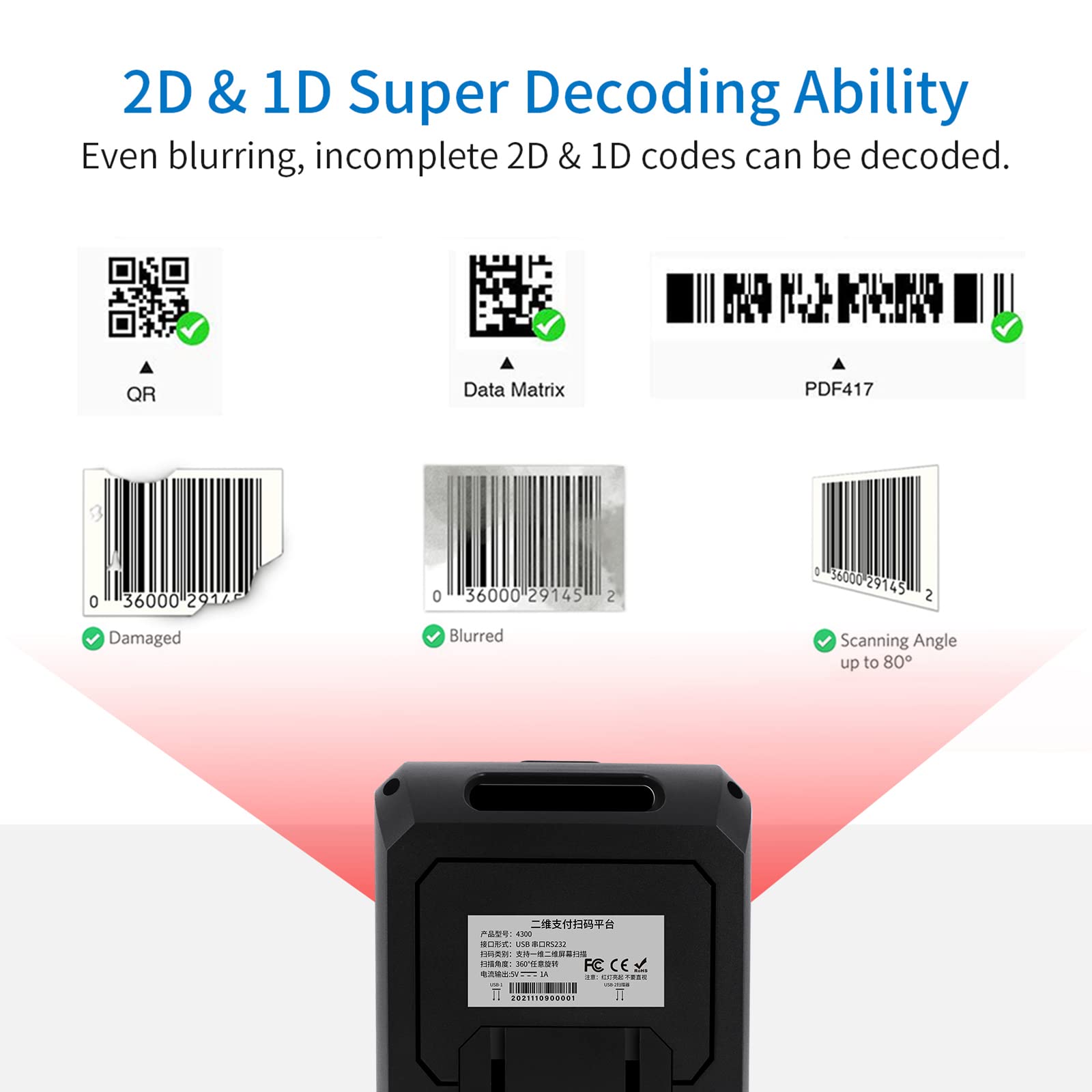 2D Desktop omnidirectional Barcode Scanner.Hands-Free USB Wired QR Barcode Reader Capture Barcodes from Mobile Phone Screen, Automatic Image Sensing Barcode Scanner