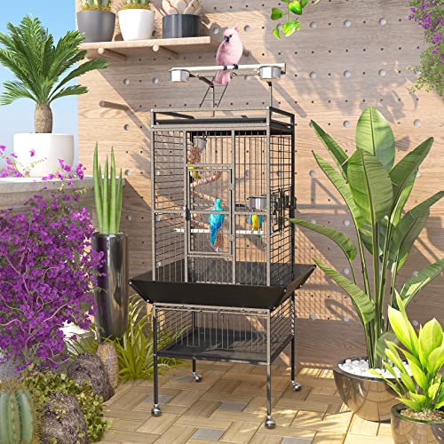 61'' Bird Cage, Large Bird Flight Cages Aviary with Rolling Stand & Bottom Tray, Wrought Iron Birdcage with PlayTop & Rope Bungee Bird Toy for Parakeet, Parrot, Lovebirds, Pigeons, Cockatiels, Macaw