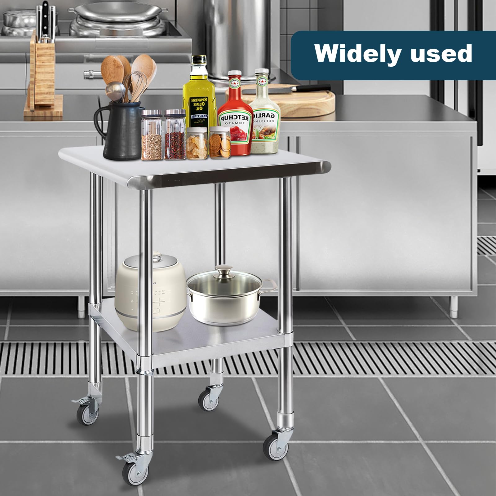 tonchean 24 × 24 × 36in Stainless Steel Workbench with Wheels, NSF Heavy Duty Commercial Workbench with Adjustable Shelves and Caster Brake Cart for Commercial Kitchen, Hotel, Laundry, Storage, Home