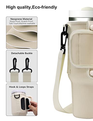 Aiscool Water Bottle Carrier Bag Holder for Stanley Quencher H2.0 Tumbler 40 Oz Cream, Neoprene Water Bottle Sling Bag Sleeve Holder Carrier with Adjustable Shoulder Strap & Straw Covers