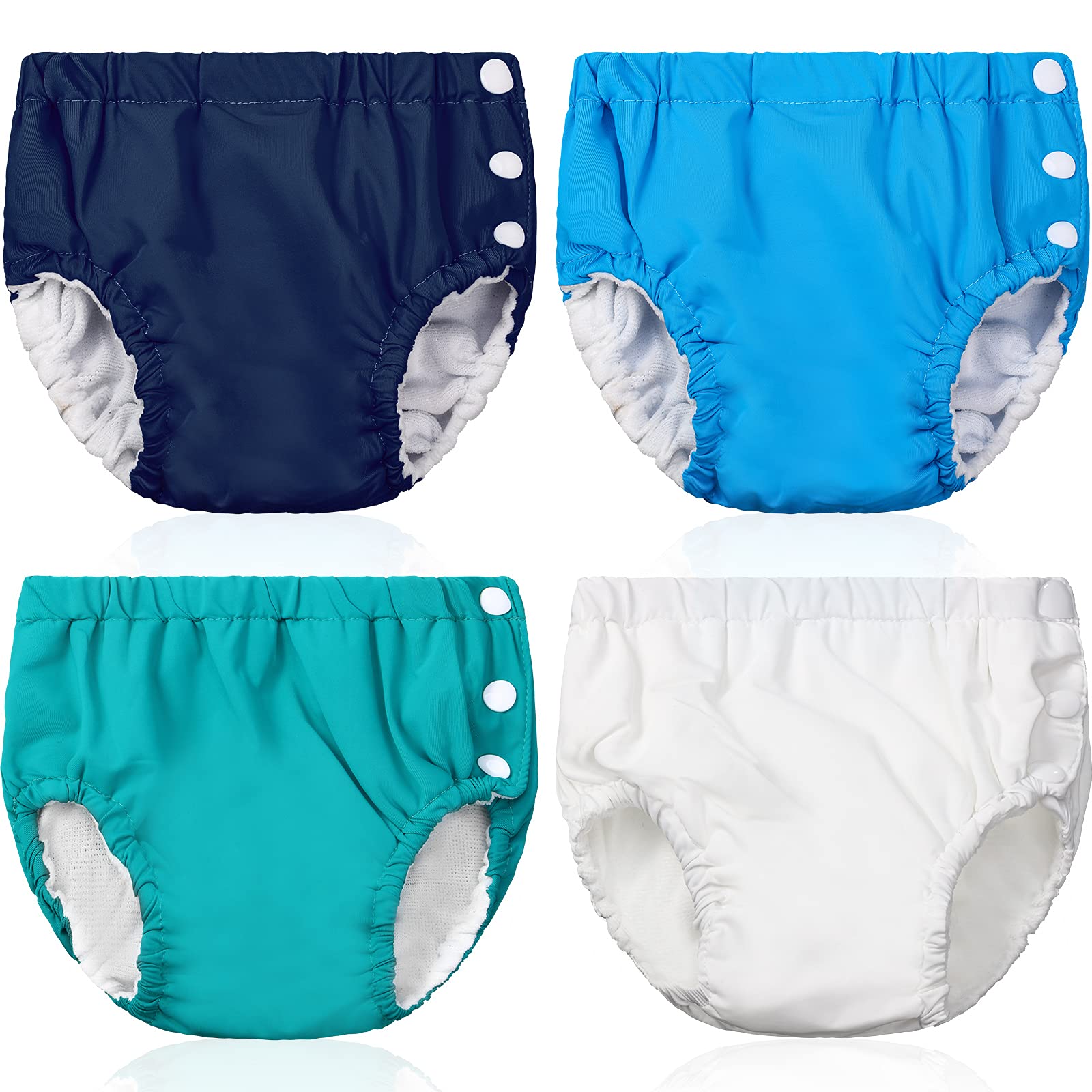 Huukeay 4 Pieces Swim Diapers Reusable Baby Swim Diapers Adjustable Snap Swim Diapers Washable Pool Swim Diapers for Unisex Baby Girls Boys (White, Green, Blue, Navy Blue,12-24 Month)