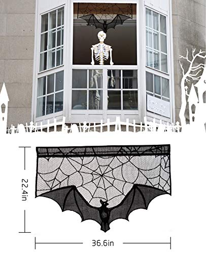 ANPHSIN Halloween Black Lace Spiderweb- 2 Pcs Bat Curtain Window Valance Cobweb Tablecloth Shower Curtains Fireplace Mantles Scarf Cover for Home Door Kitchen Bathroom Festive Party Decorations