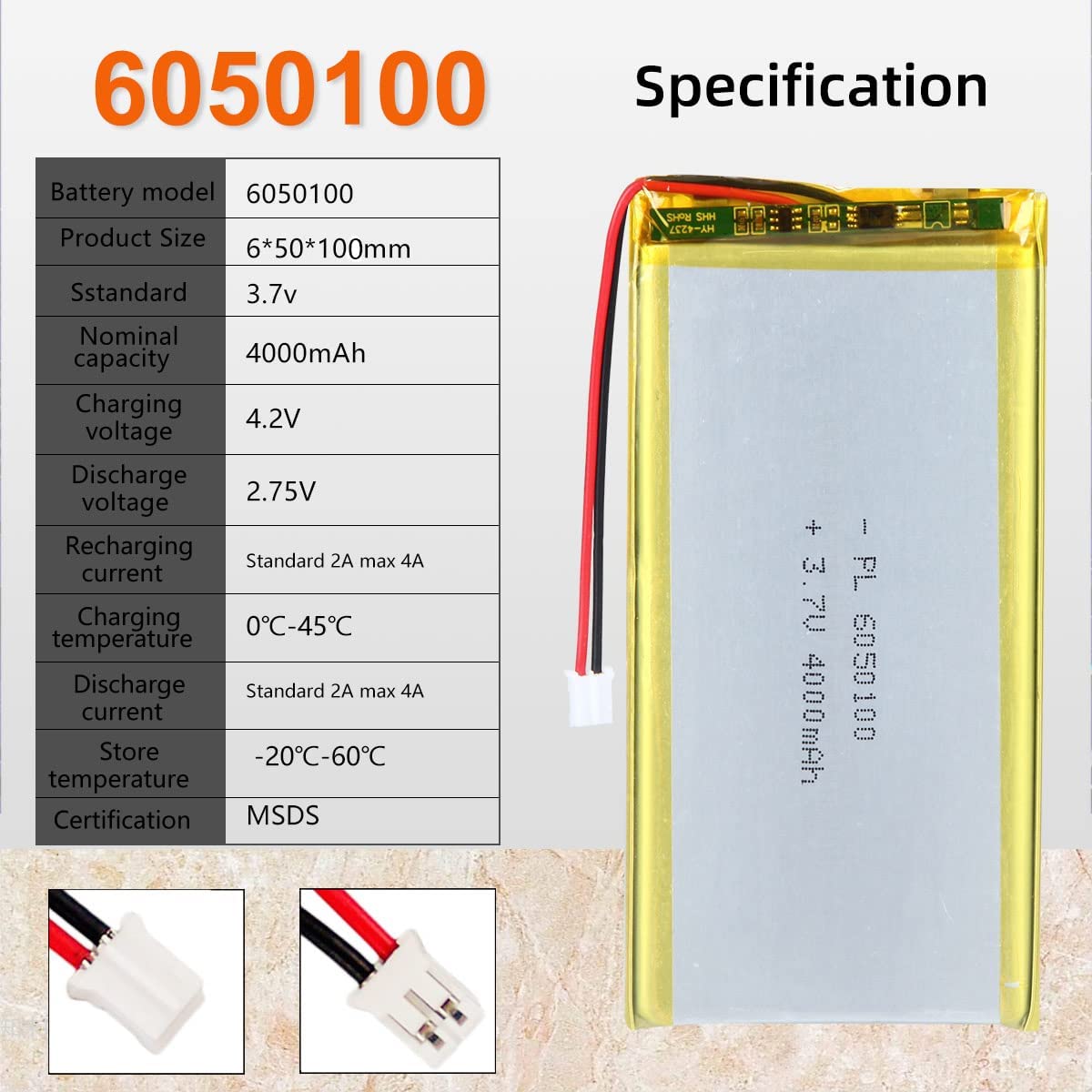 AKZYTUE 3.7V 4000mAh 6050100 Lipo battery Rechargeable Lithium Polymer Ion Battery Pack with PH2.0mm JST Connector
