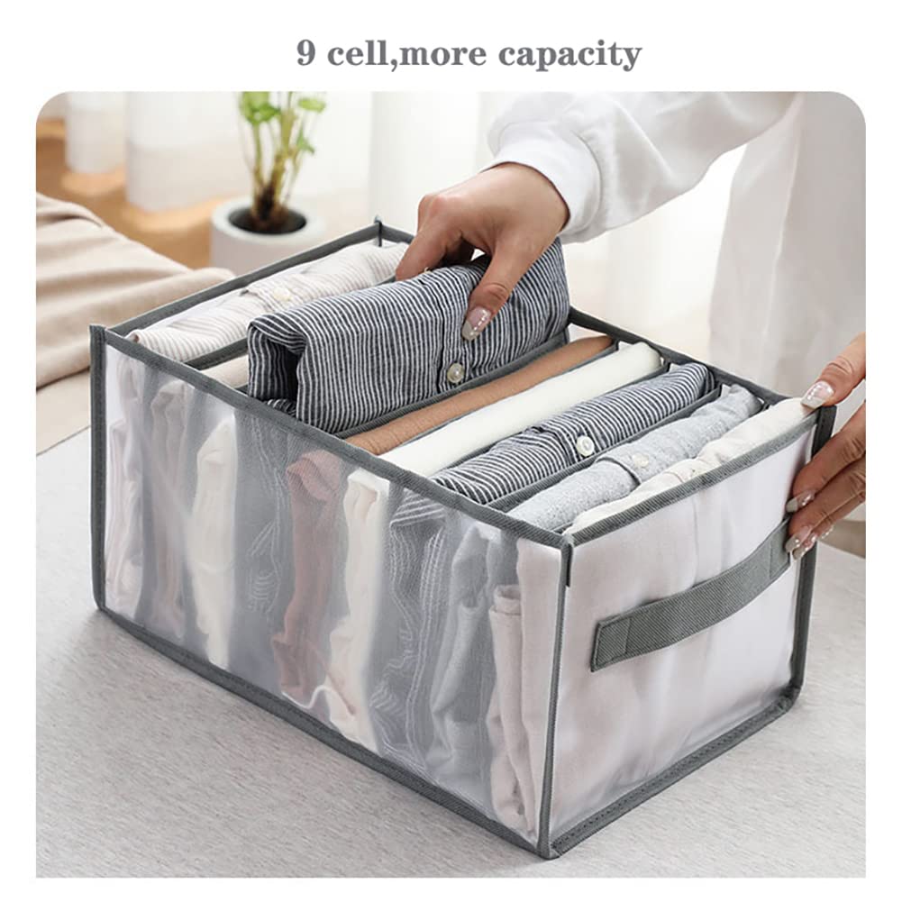 2 Pack Wardrobe Clothes Organizer, 9 Compartment Large Clothes Drawer Organizer Closet Divider with Handle, Widen Thicken Washable Foldable Clothes Storage Box for Jeans Pants Leggings Folded Clothes