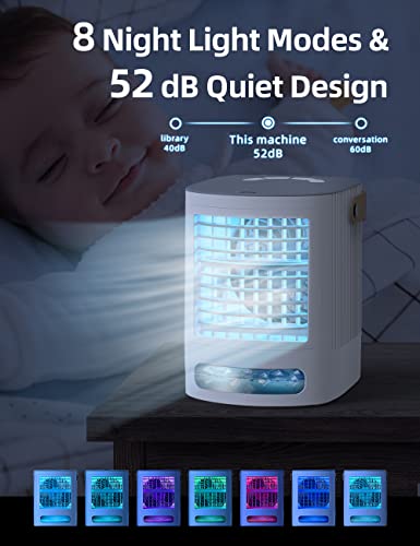 3-IN-1 Portable Air Cooler, USB Powered Desktop Cooling Fan, 3 Levels Spray Humidify & 3 Speeds Personal Air Conditioner Fan w/8 Night Light Modes, Evaporative Air Cooler for Small Room/Office/Camping