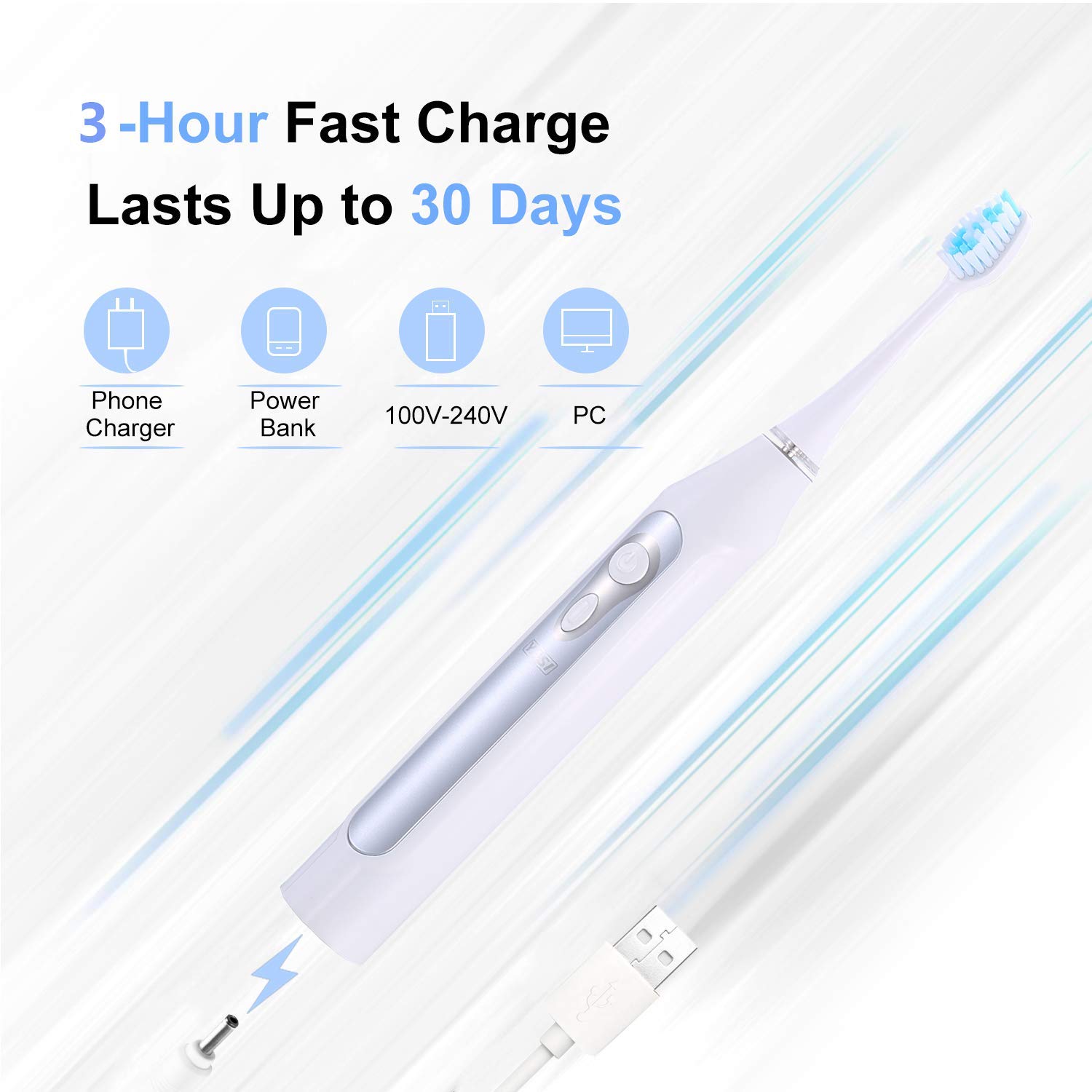 BYITH Electric Toothbrush 5 Brushing Modes 3 Toothbrush Heads Rechargeable Sonic Toothbrush