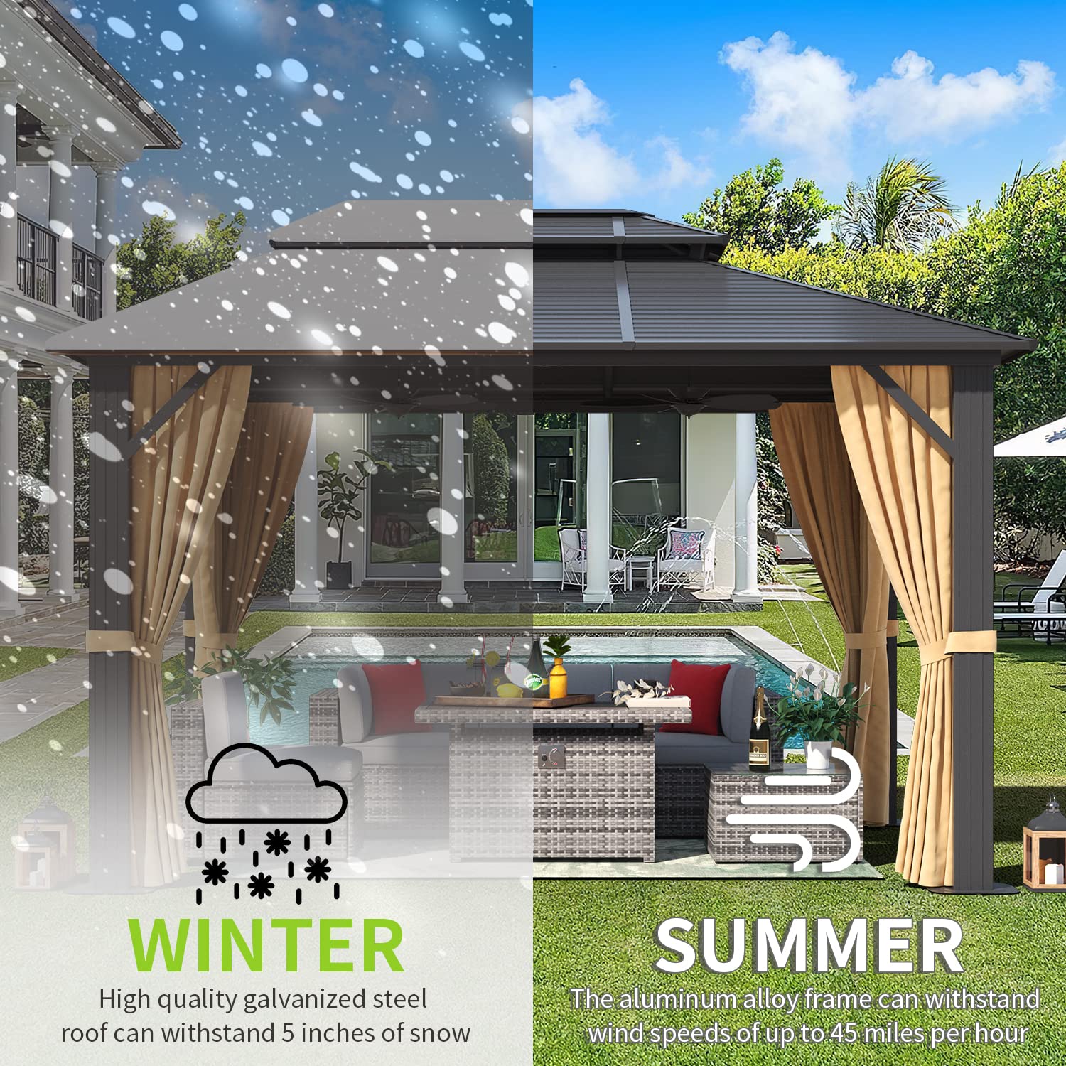 Aoxun 10'x12' Hardtop Gazebo, Outdoor Galvanized Double Roof Gazebo with Aluminum Frame Permanent Pavilion and Curtains & Netting for Backyard, Patio, Deck, Parties (Brown)