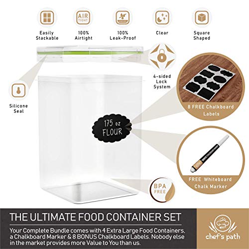 Chef's Path Extra Large Plastic Food Storage Containers with Lids for Flour & Sugar (4 PC, 175 Oz) - Airtight Kitchen & Pantry Organization for Bulk Food Storage, BPA-Free Kitchen Canisters