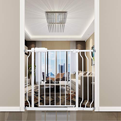 COSEND Extra Wide Baby Gate Tension Indoor Safety Gates White Metal Large Pressure Mounted Pet Gate Walk Through Long Safety Dog Gate for The House Doorways Stairs (33.86"-38.58"/86-98CM, White)