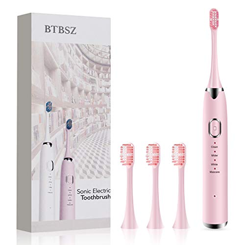 BTBSZ Sonic Electric Toothbrushes, Sonic Electric Toothbrushes Travel-Friendly Design 4 Modes 16 Gears with 4 Brush Heads USB Fast Charge Built-in Smart Timer for Adults and Kids