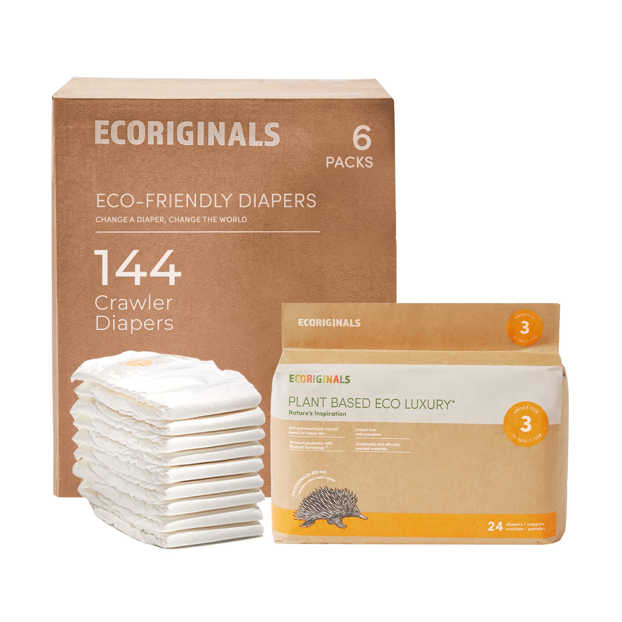 Ecoriginals Eco Disposable Diapers | Crawler Size 3, 13-24lbs | 6 Pack, 144 Count | Plant-Based, Non-Toxic