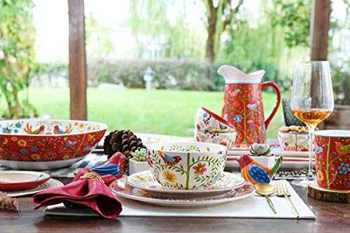 Bico Red Spring Bird Ceramic 2.5 Quarts Pitcher with Handle, Decorative Vase for Flower Arrangements, Dishwasher Safe
