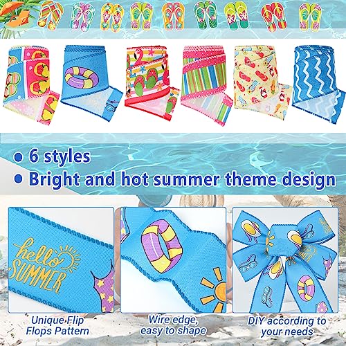 6 Rolls 30 Yards Summer Wired Ribbon Flip Flop Waves Polka Dot Stripe Fabric Decorative Ribbon Summer Themed Burlap Ribbons for Summer Wreath Bow DIY Craft