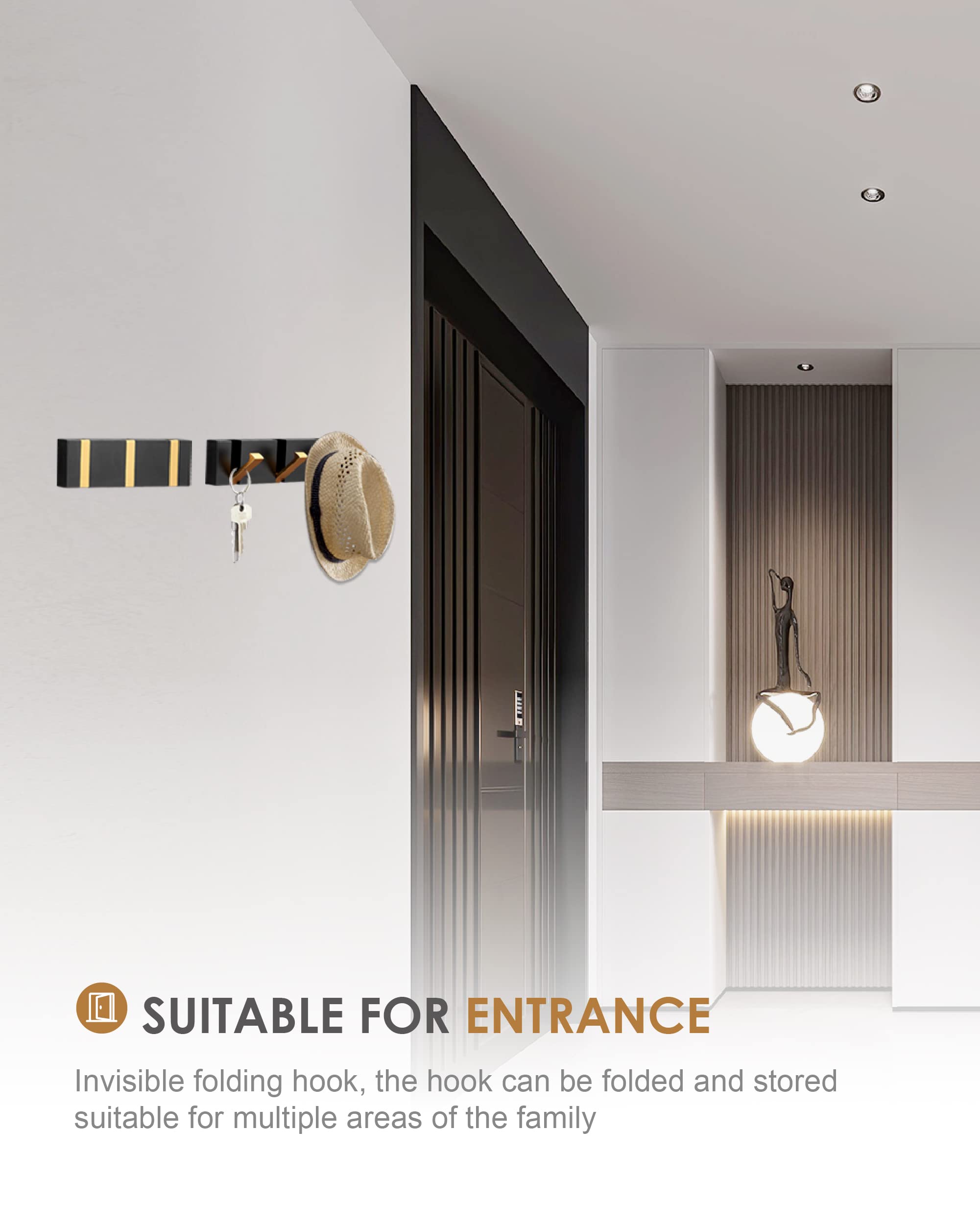 2 Pack,Watertight Black Gold Towel Hooks,Folded Invisible Coat Wall Hooks,Bathroom Towel Hook for Wall,Black Matte Minimalist Towel Hooks,Key Hooks for Wall,Door Robe Hooks,Also for Kitchen,Balcony.