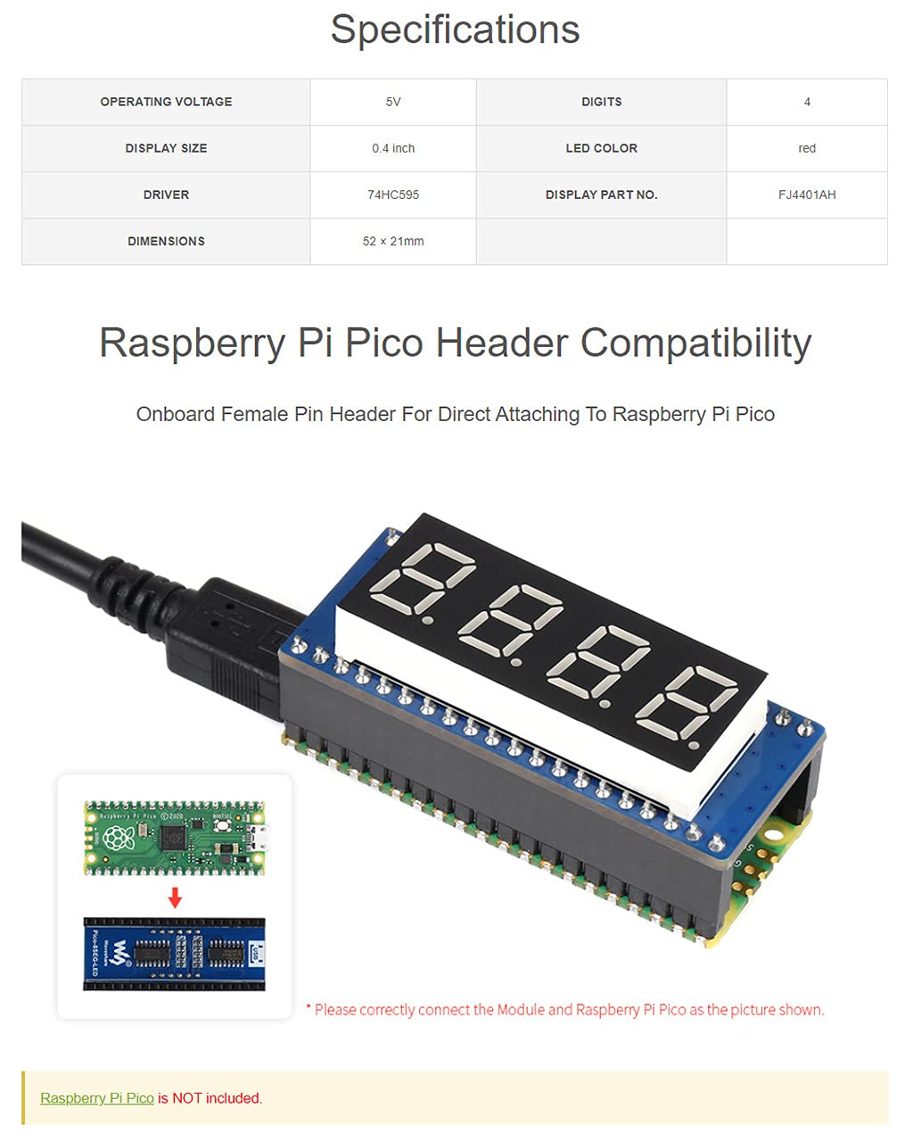 Coolwell 4-digit 8-segment Display Module for Raspberry Pi Pico Series, Quad Alphanumeric Display Based on 74HC595 Driver SPI-compatible Direct Connect