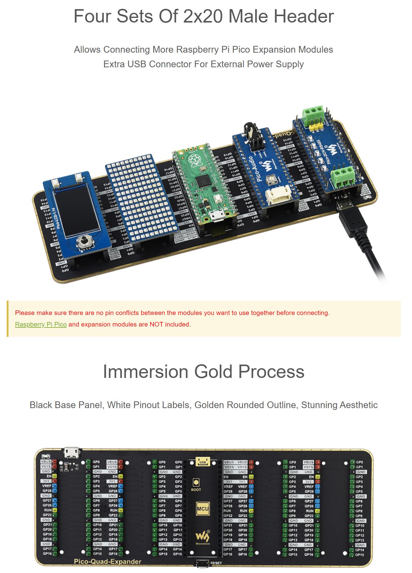 Coolwell Quad GPIO Expander for Raspberry Pi Pico Board with Four Sets of Male Headers for Directly Connecting Expansion Modules,USB Power Input Connector
