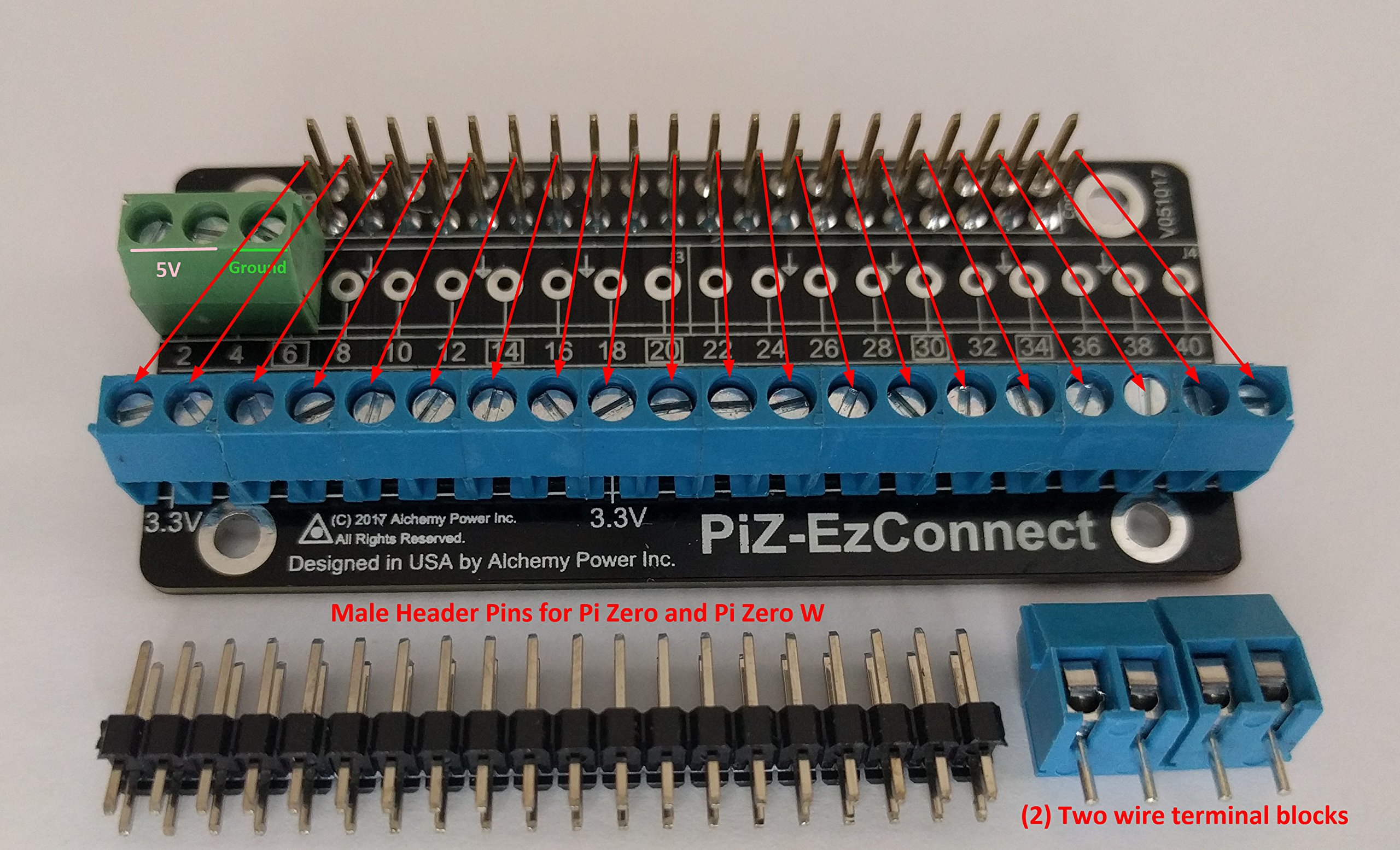 Alchemy Power Inc. Pi-Zero-EzConnect. Pi-Zero size GPIO connector. A HAT to connect GPIOs and sensors to Raspberry Pi Zero, Pi Zero W, Pi-3, or Pi-2.